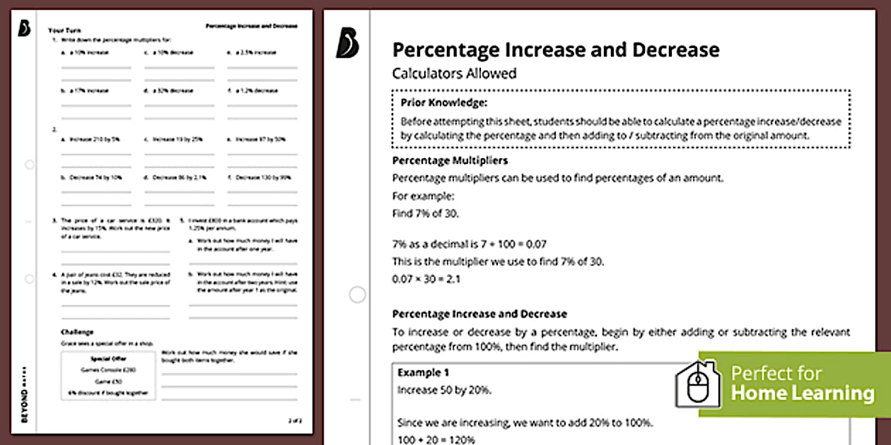 👉 Percentage Increase and Decrease Worksheet | KS3 Maths