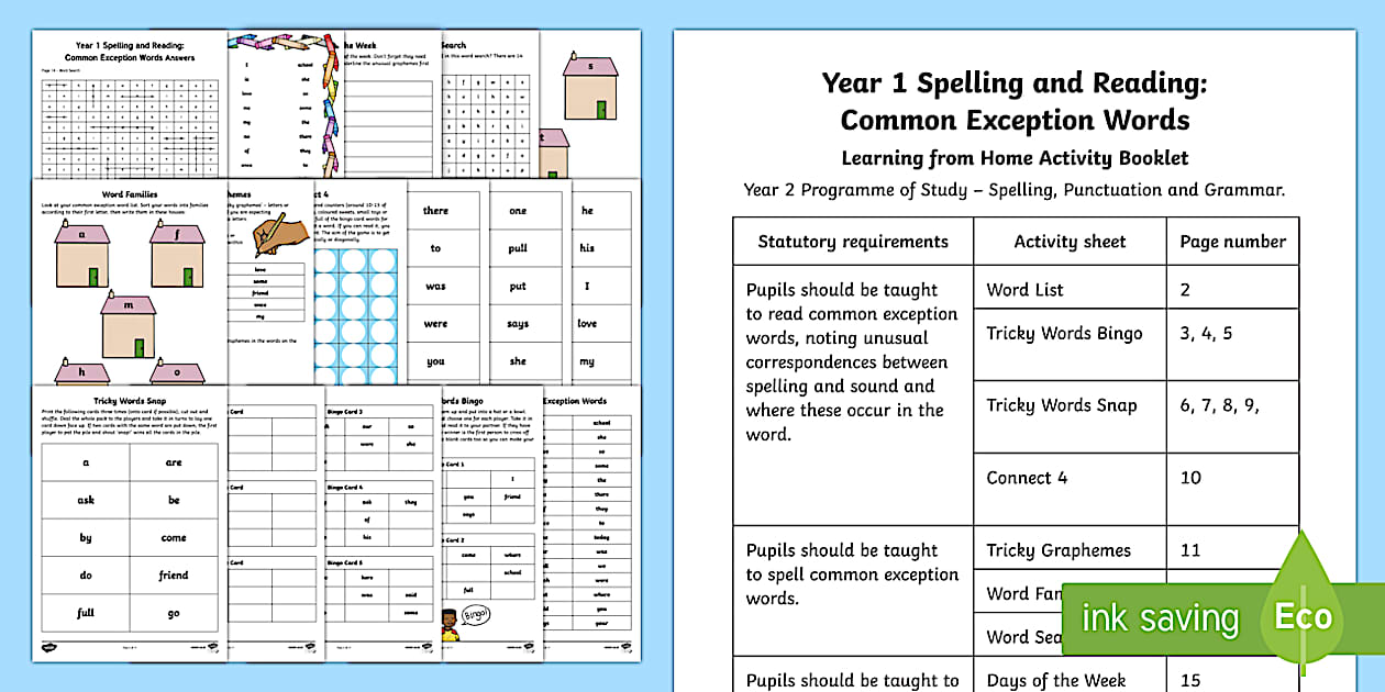 Year 1 Spelling and Reading: Common Exception Words Booklet