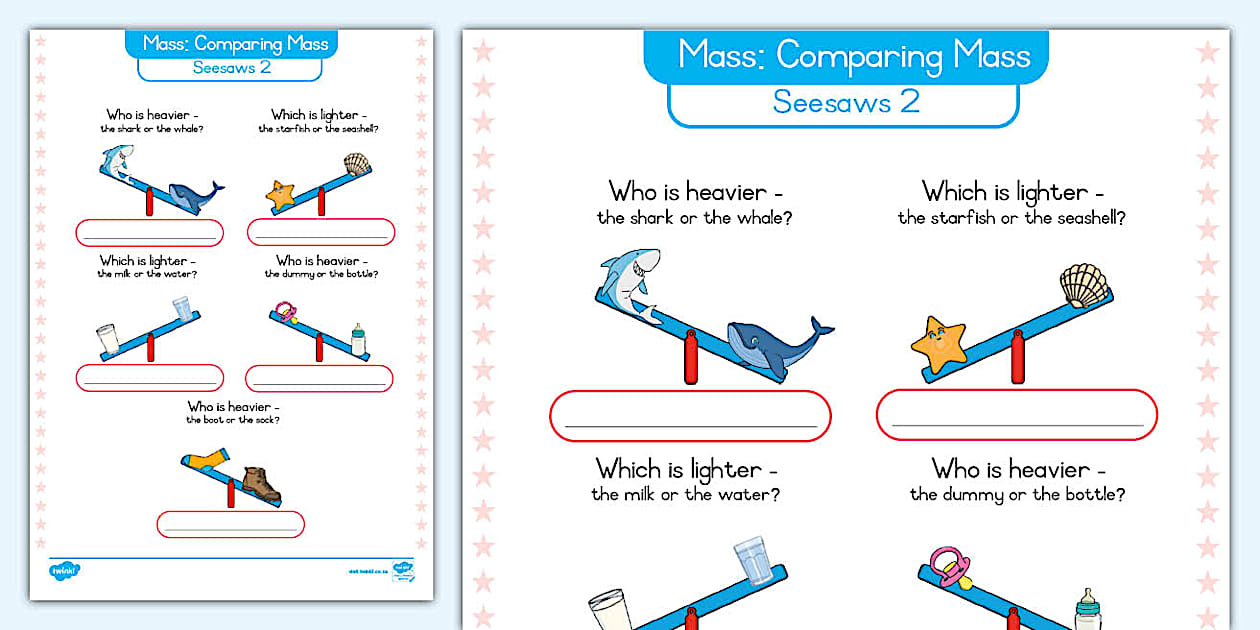 Grade R Maths Mass: Comparing Mass - Seesaws 2 - Twinkl