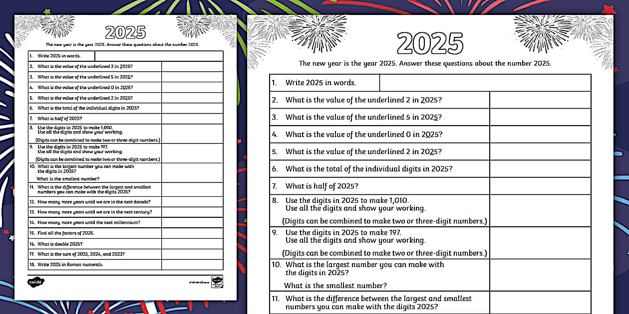 Third Grade New Year's Math Fun: 2025 Worksheet - Twinkl