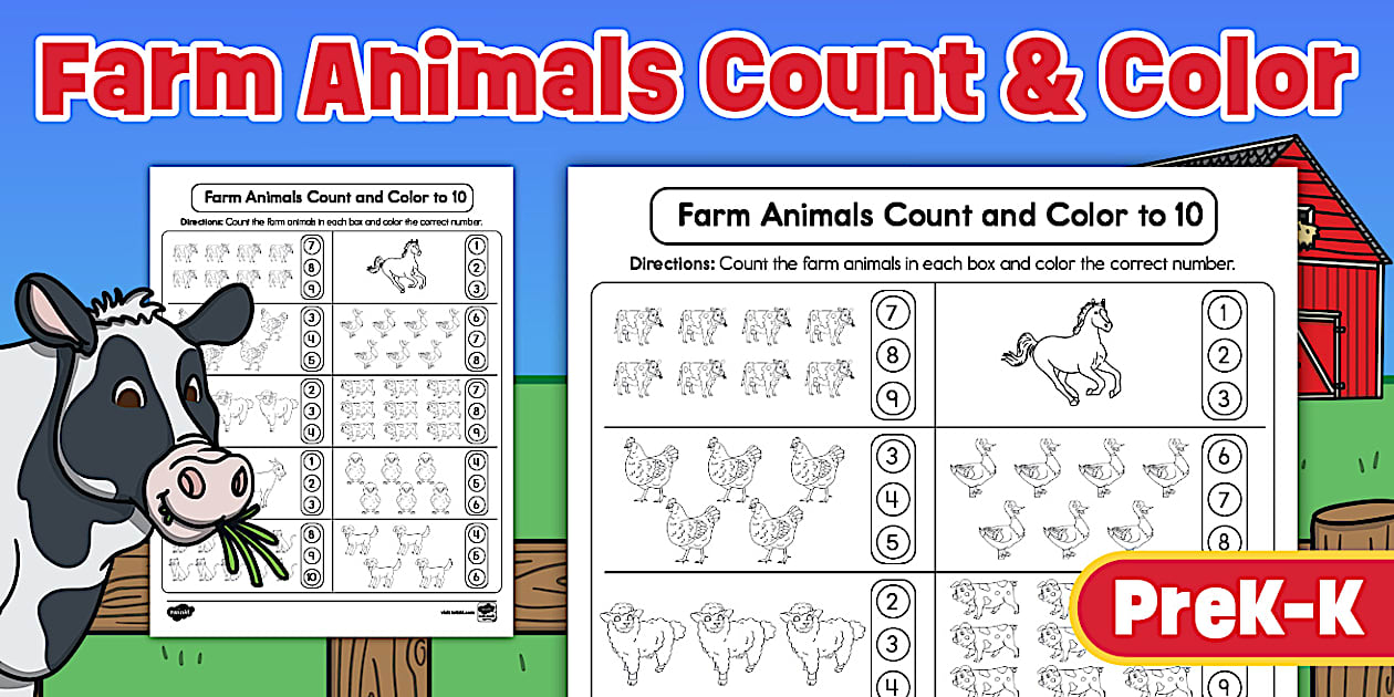Farm Animals Count and Color to 10 Worksheet for PreK-K