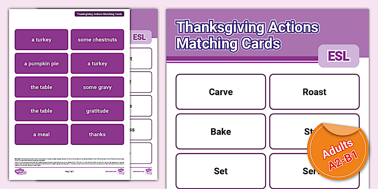 Thanksgiving Actions Matching Cards [Adults, A2-B1] - Twinkl