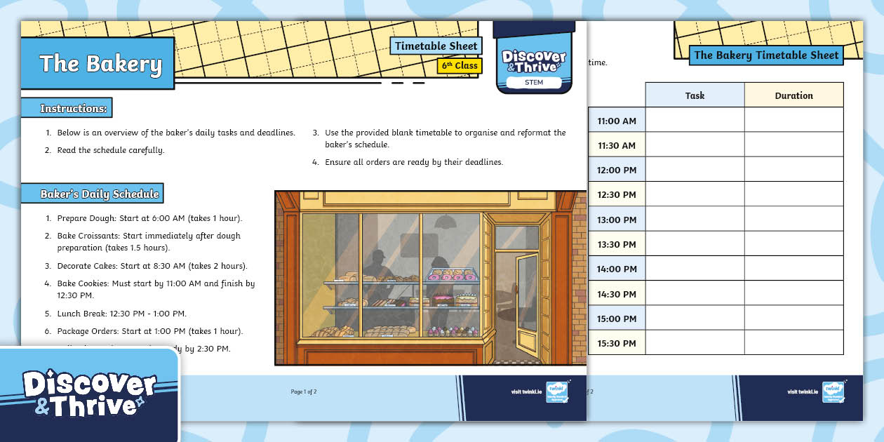 The Bakery Timetable Activity Sheet (Time) Sixth Class