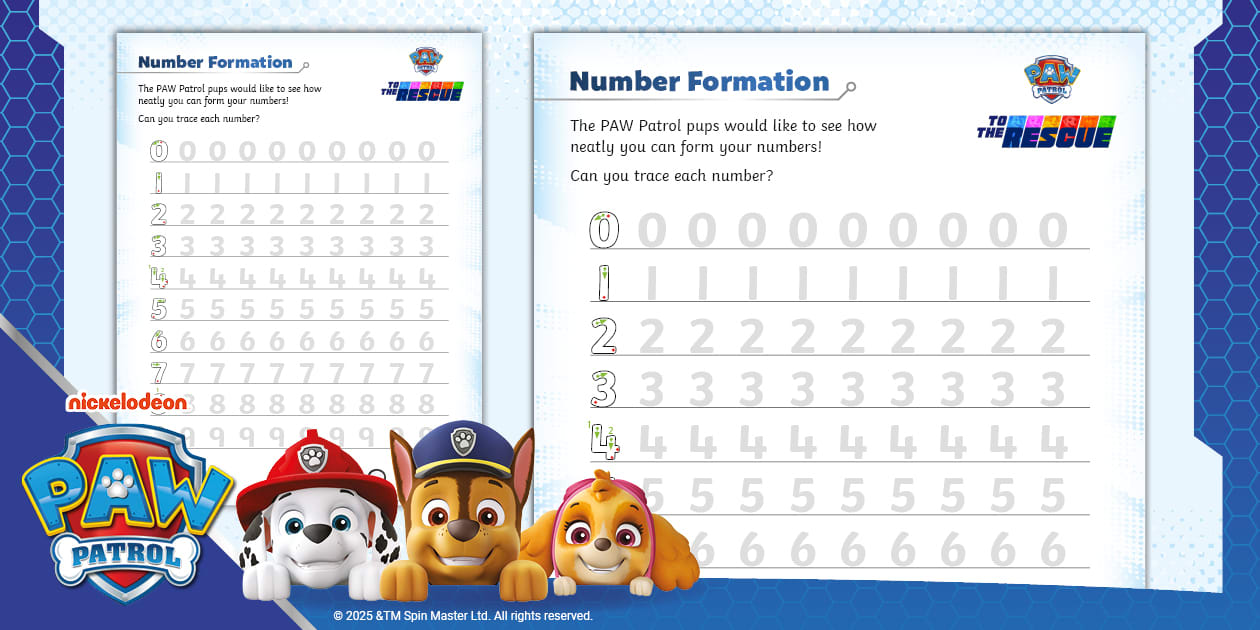 FREE PAW Patrol: 0-9 Number Formation Tracing Worksheet