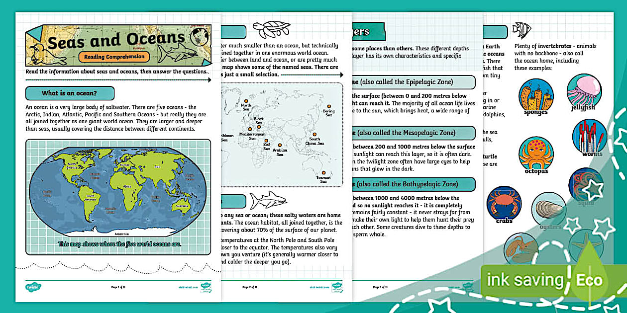 Seas and Oceans Reading Comprehension (Ages 5 - 7) - Twinkl