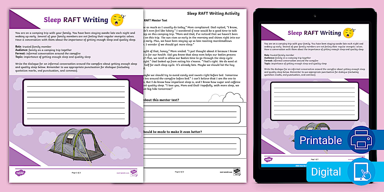 Sleep RAFT Writing Worksheet for 3rd-5th Grade - Twinkl