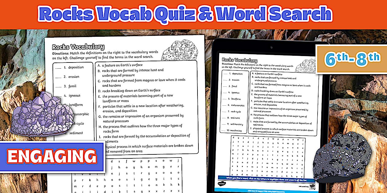 Rocks Vocabulary Matching Quiz and Word Search - Twinkl