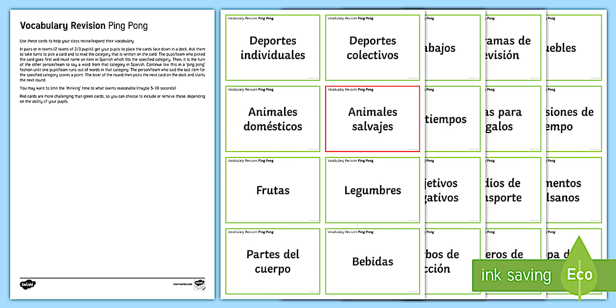 Ping Pong Vocabulary Revision Challenge Cards Spanish