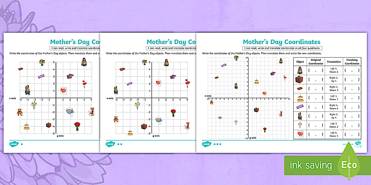 Black and White UKS2 Mother's Day Coordinates Differentiated Worksheets