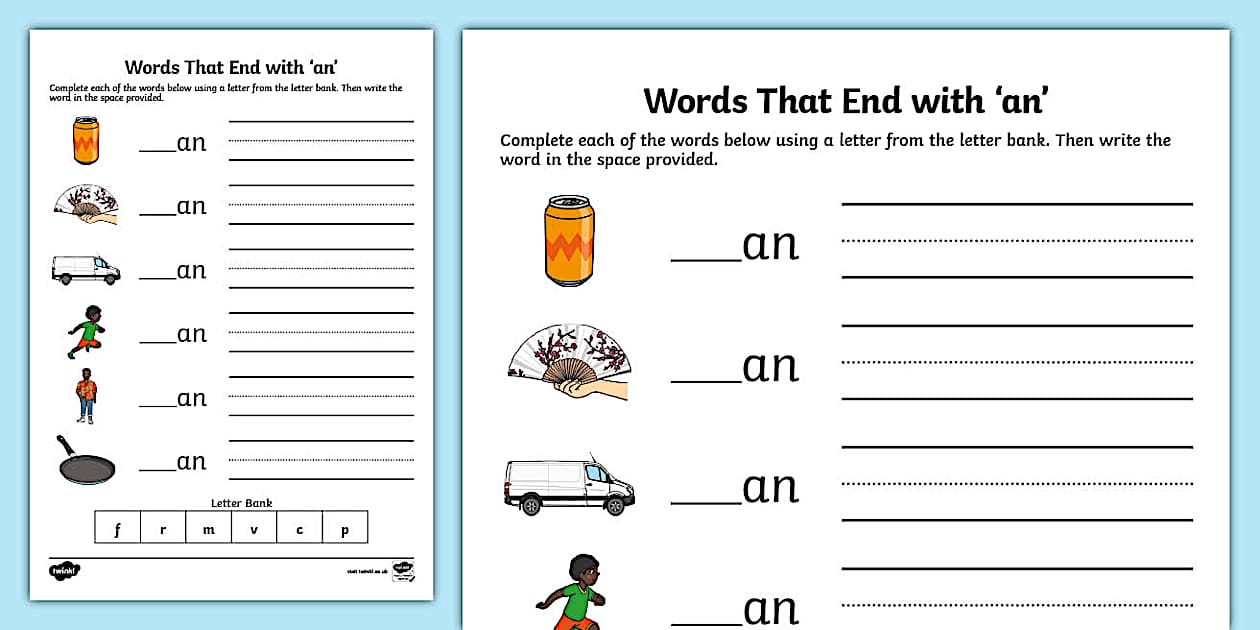 Words Ending in -an Worksheet (teacher made) - Twinkl
