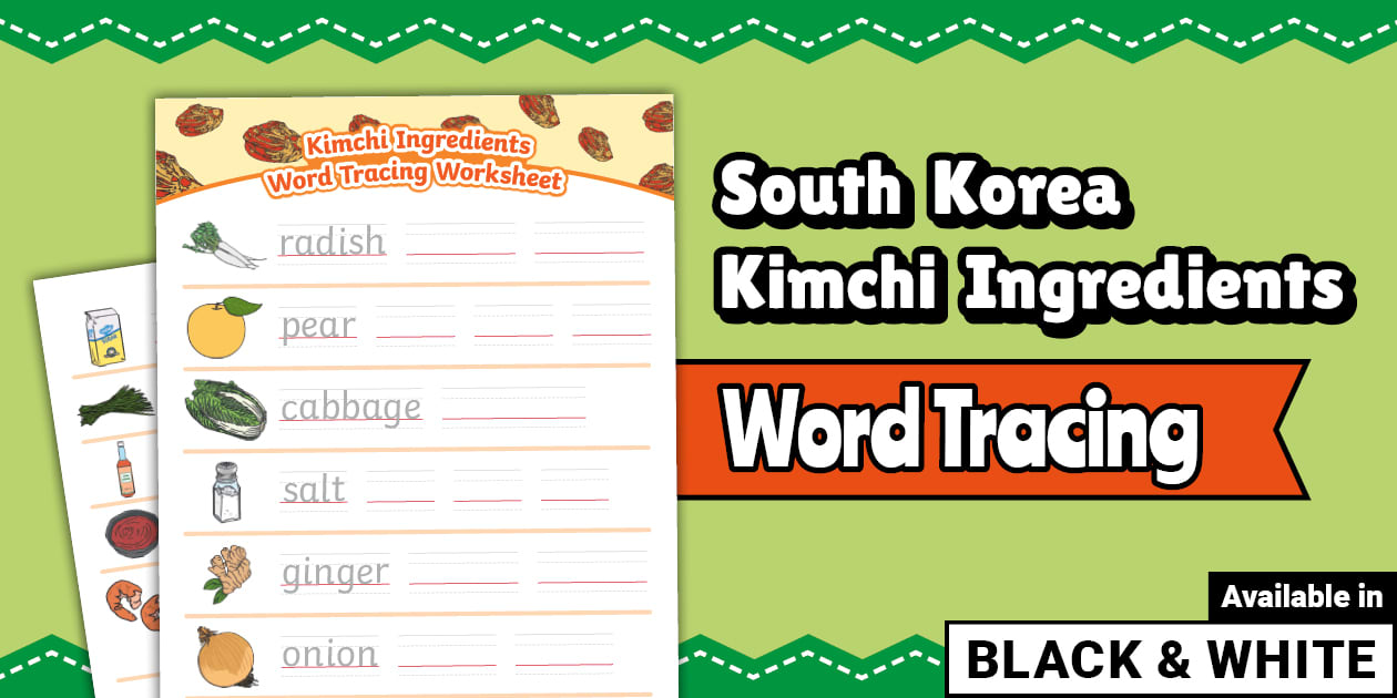 한국의 김치 재료 영어 단어 따라쓰기 학습지 South Korea Kimchi Ingredients English Word ...