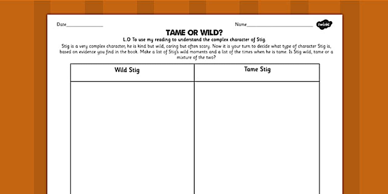 Understanding the Character of Stig Tame or Wild Worksheet / Worksheet