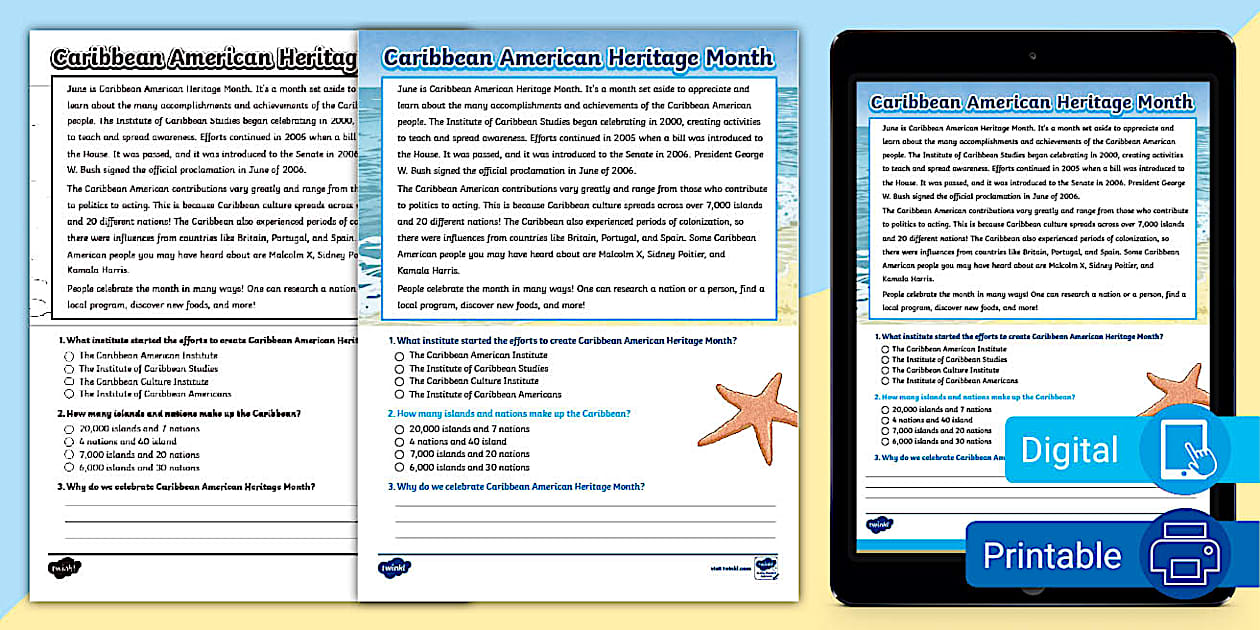 5th Grade Caribbean American Heritage Month Reading Worksheet