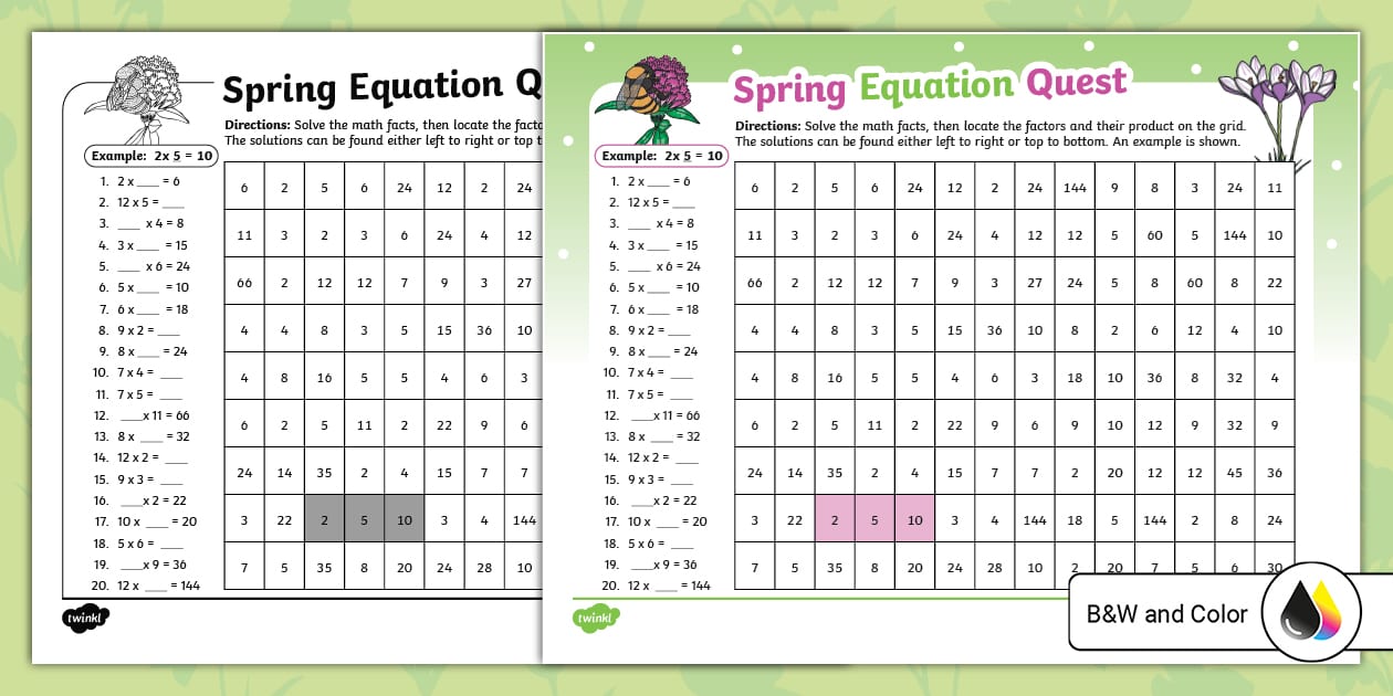 Spring Multiplication Equation Quest Grid Search Worksheet for 3rd-5th ...