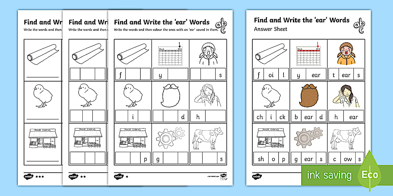 ‘ear’ Phonics Worksheet – Differentiated Worksheets - Twinkl