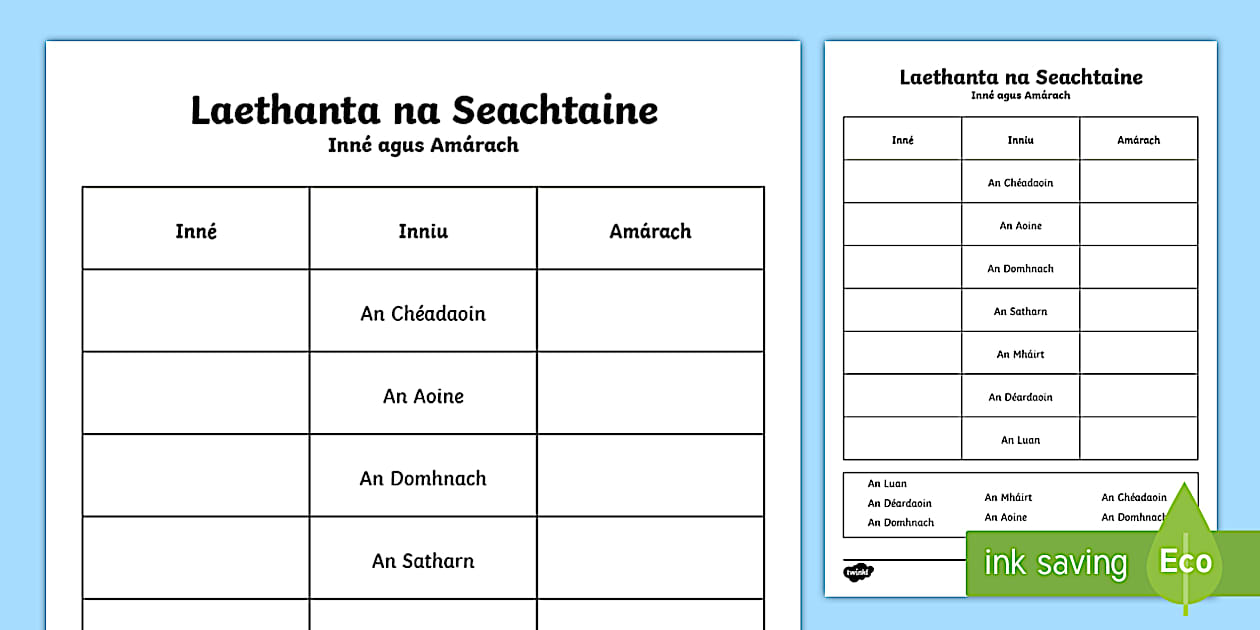 Laethanta na Seachtaine Inné agus Amárach | Twinkl