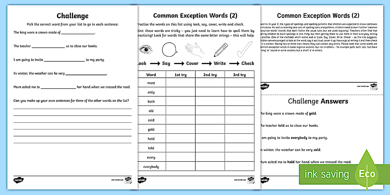 Year 2 Spelling Practice Common Exception Words (2) Homework Worksheet