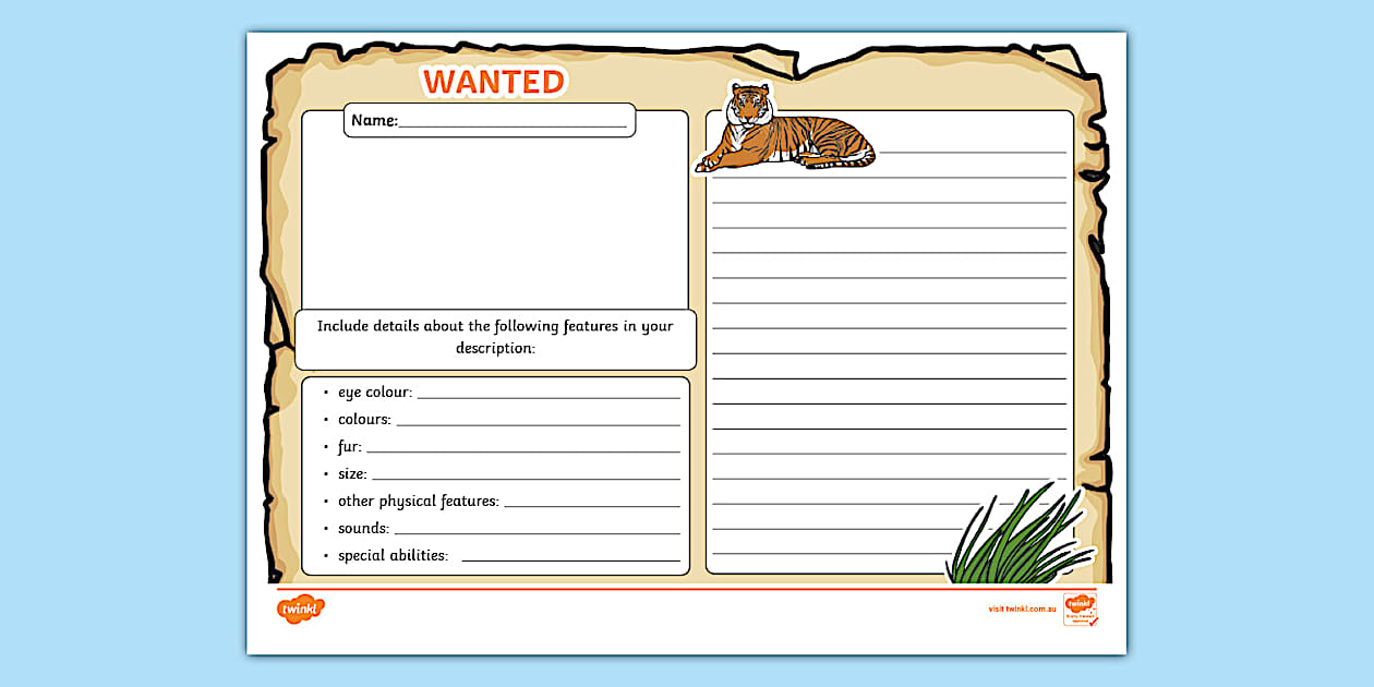 Wanted! Missing Tiger Description Writing Template - Twinkl