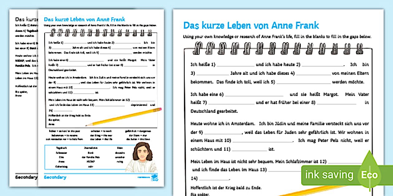Anne Frank Biography Worksheet / Worksheet German - Twinkl