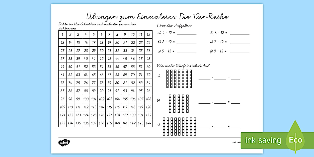 Übungen zum Einmaleins: Die 12er Reihe Arbeitsblatt