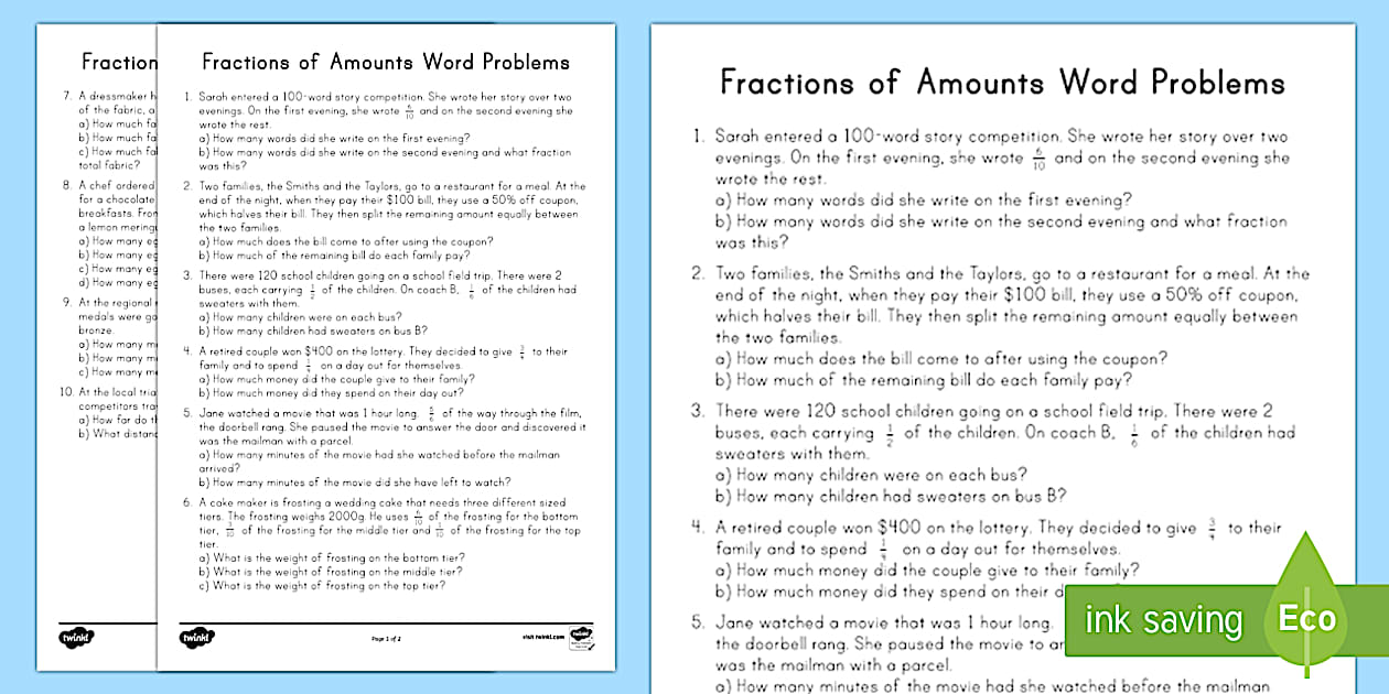 Fifth Grade Fractions of Amounts Word Problems Worksheet