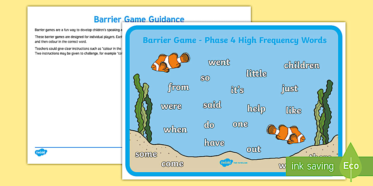 Phase 4 High Frequency Words Under the Sea Themed Barrier Game