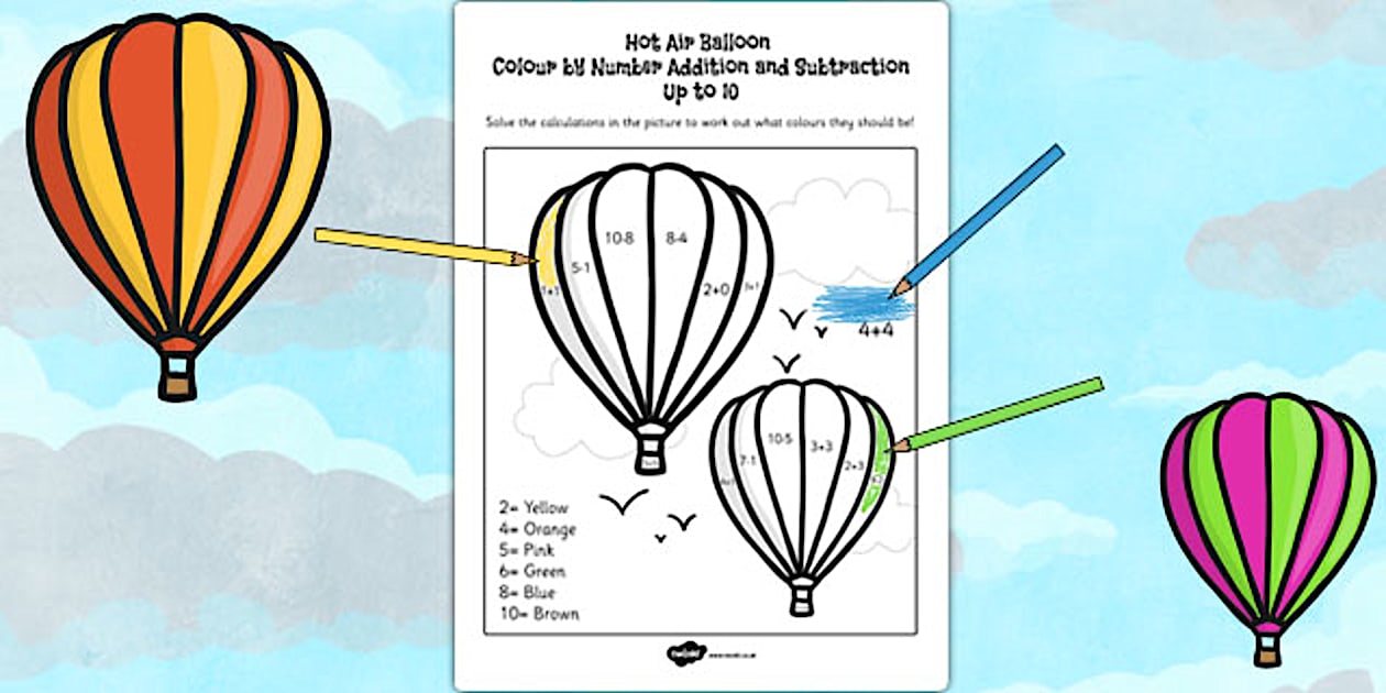 Hot Air Balloon Colour by Number Addition and Subtraction Up 10