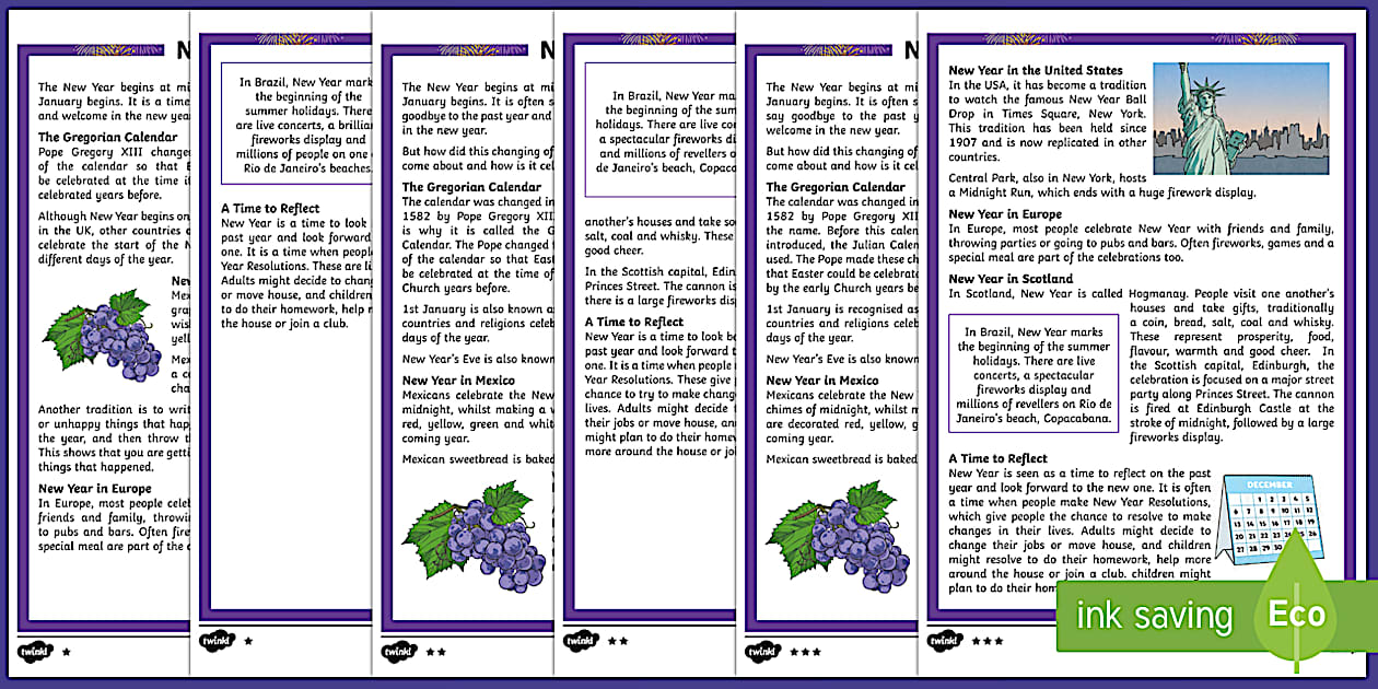 Happy New Year Reading Comprehension Sheet - ESL New Year Reading