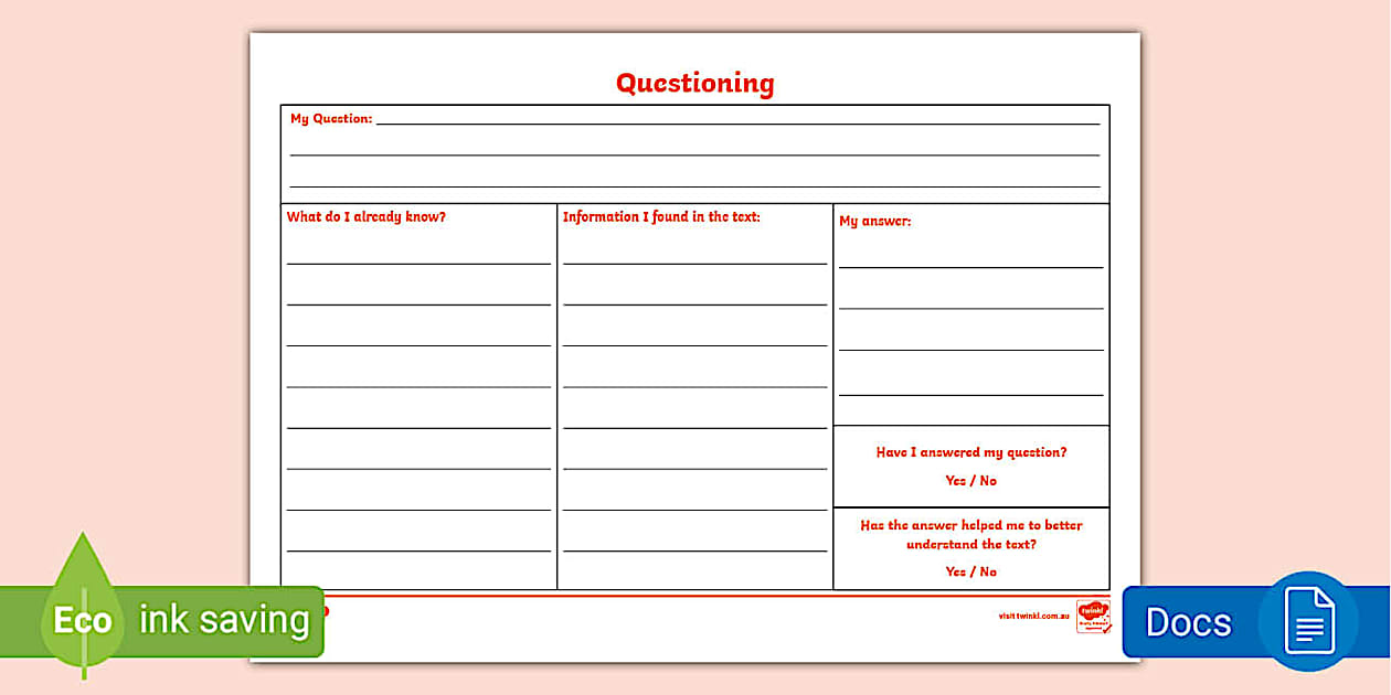 Questioning Worksheet | Reading Comprehension Strategies