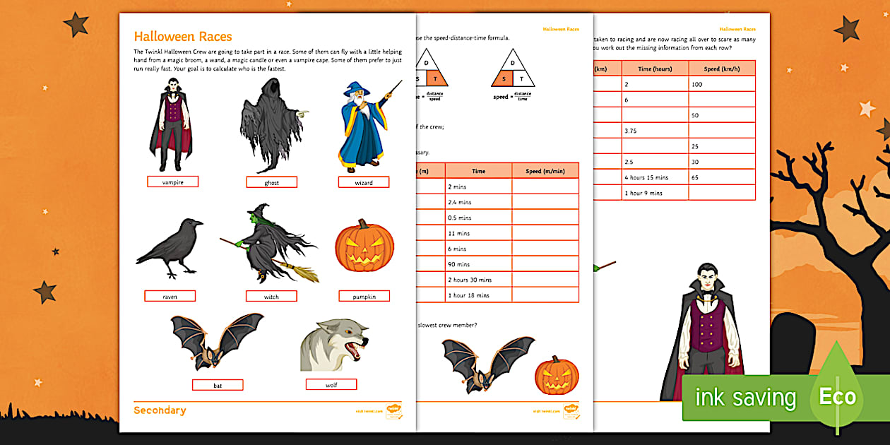 Halloween Distance, Speed, Time: KS3 Maths Worksheet