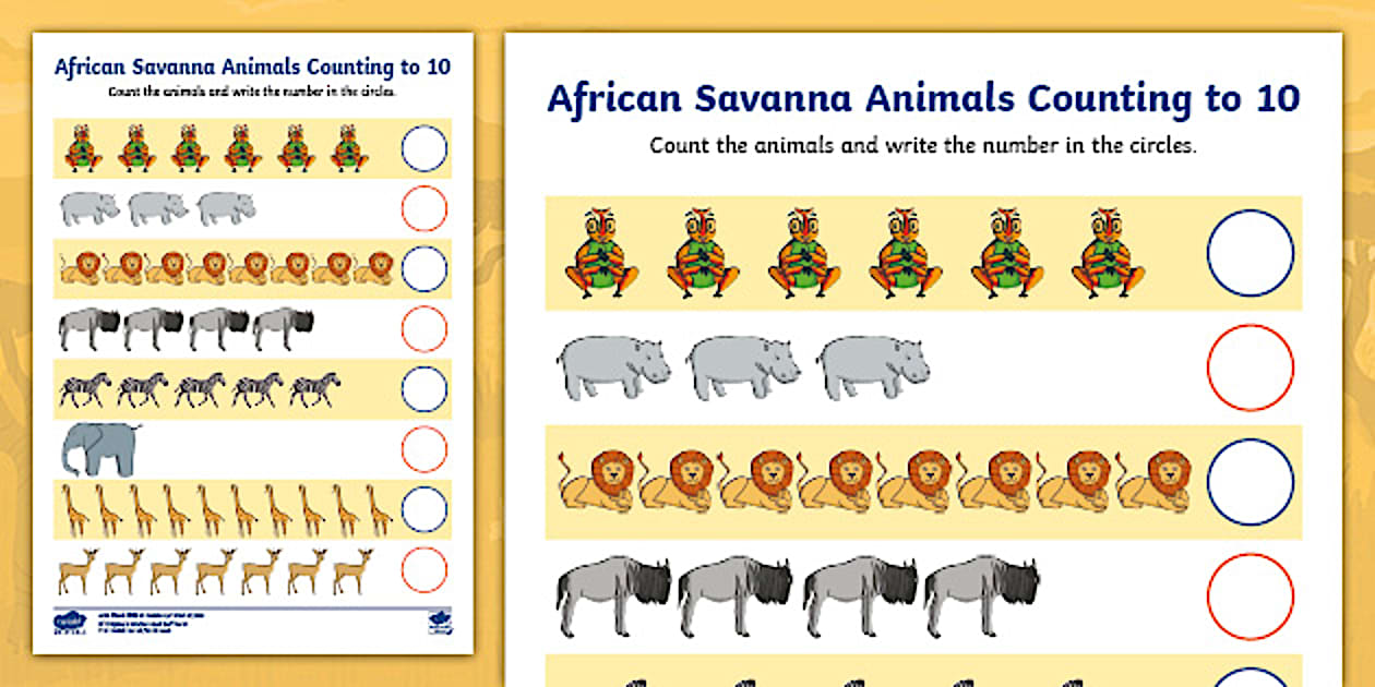 Editable African Savanna Animals Counting to 10 Worksheet