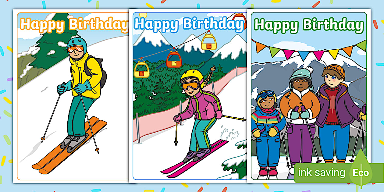 Skiing Birthday Cards (teacher made) - Twinkl