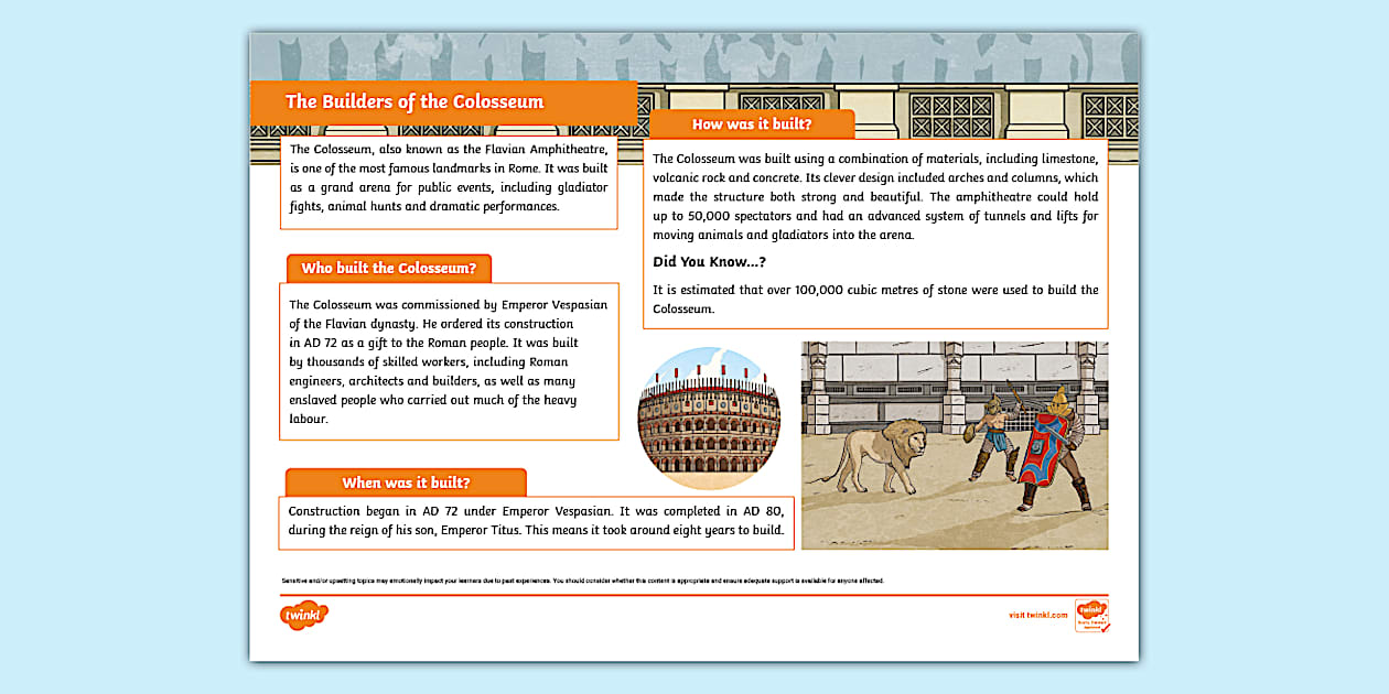 The Builders of the Colosseum Fact File (teacher made)