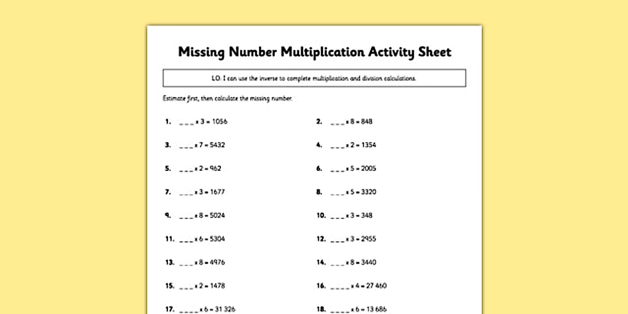 Missing Number Multiplication Worksheet / Worksheet - Twinkl