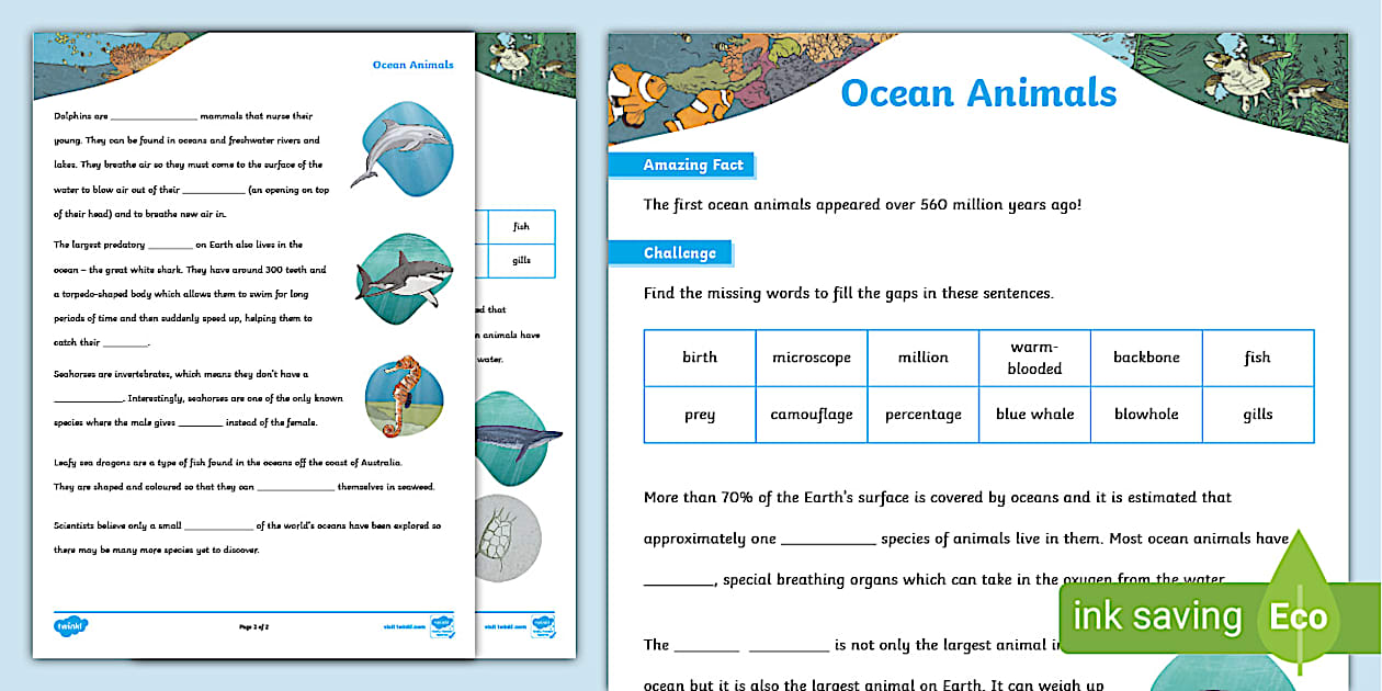 Ocean Animals Cloze Activity,oceans,ocean animals - Twinkl
