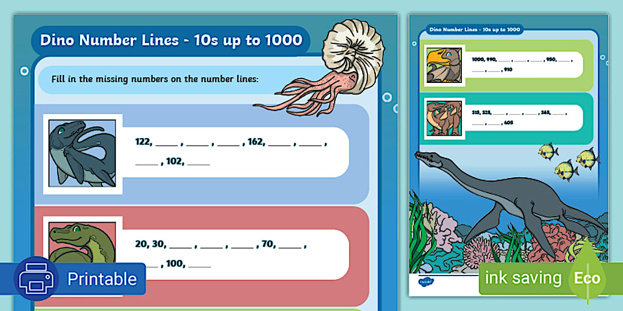 Grade 3 Mathematics: Dino Number Line - 10s up to 1000