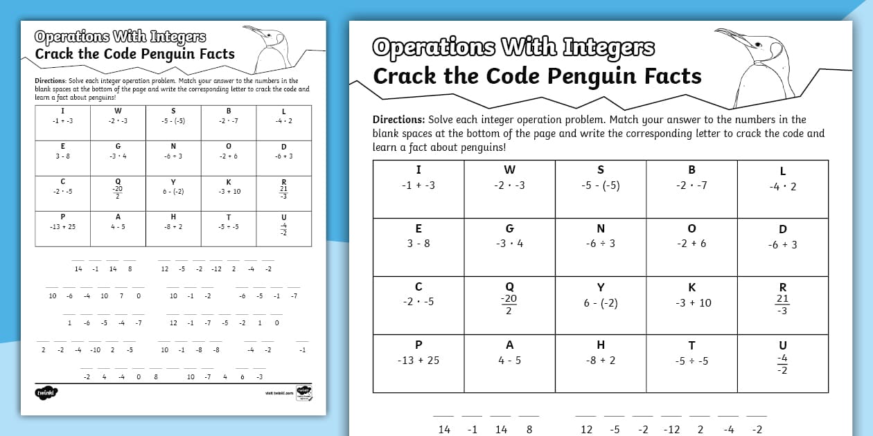 Seventh Grade Operations With Integers Penguin Facts
