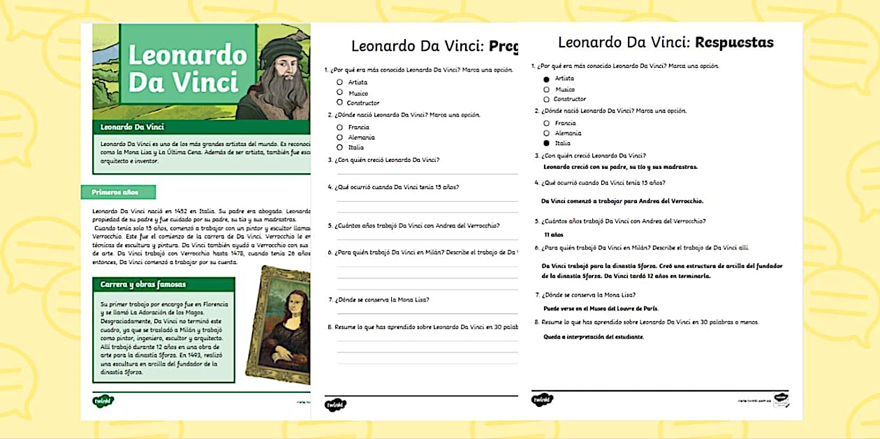 Comprensión lectora escolar Leonardo Davinci Twinkl Colombia