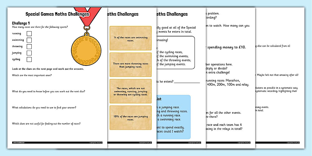 Special Games Maths Challenge Worksheet / Worksheet Pack