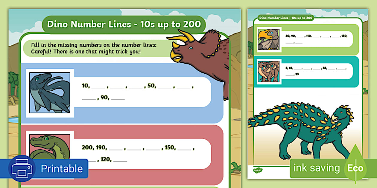Grade 3 Math: Dino Number Line -10s up to 200 - Twinkl