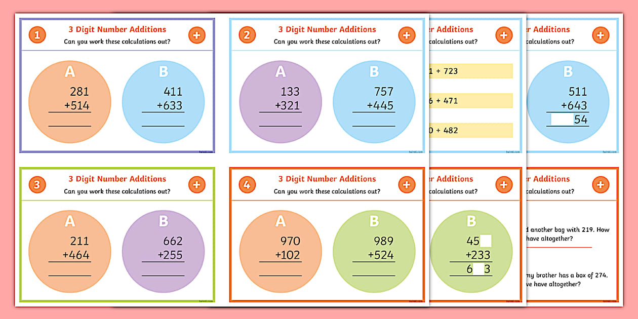 3 Digit Number Addition Maths Challenge Cards (teacher made)
