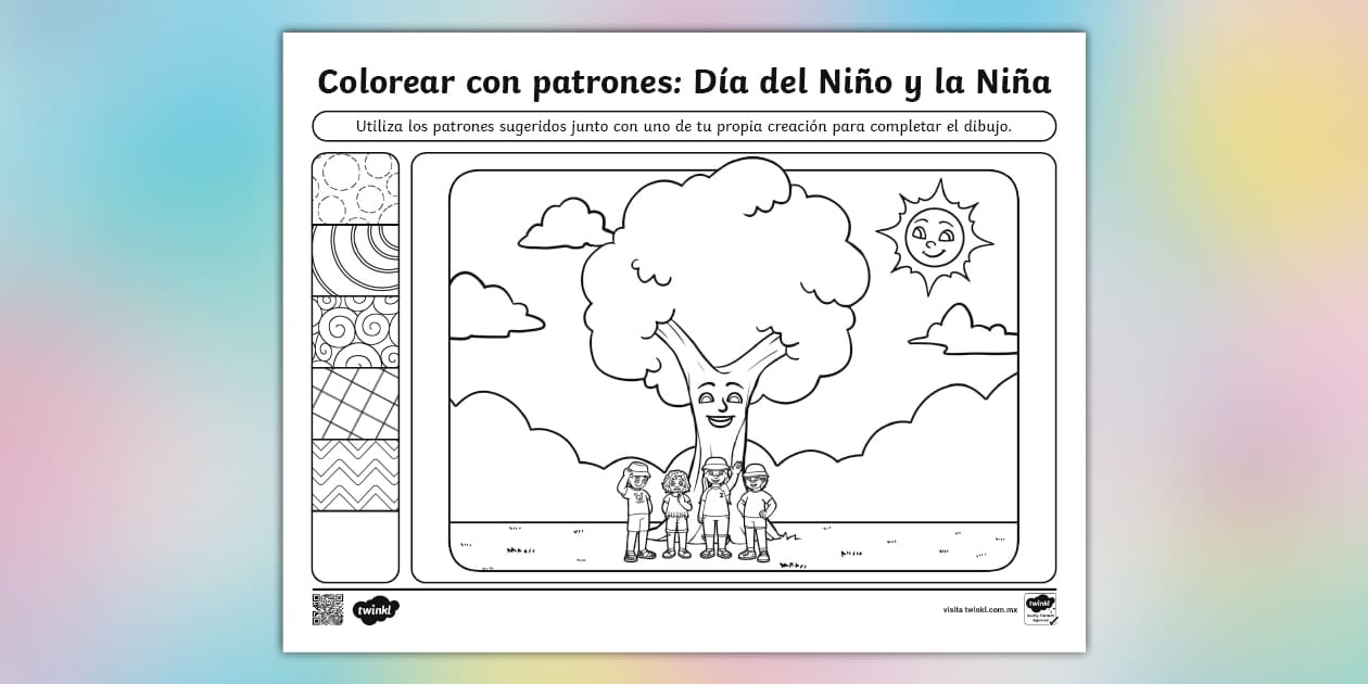 Hoja de actividad: Colorear con patrones - Día del Niño y la Niña