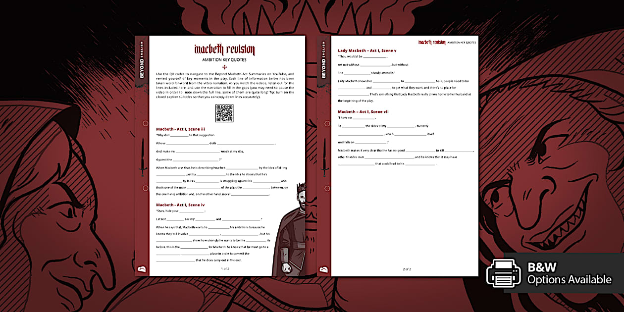 Macbeth: Themes - Ambition - Key Quotes Cloze Activity