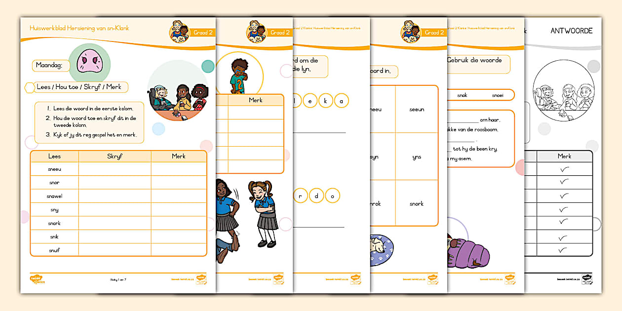 Graad 2 Huiswerkblad sn-Klank Kwartaal 3 - Twinkl