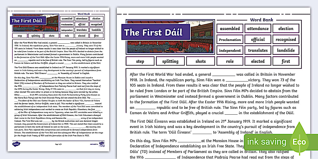 The First Dáil Cloze Procedure | Irish History | Twinkl