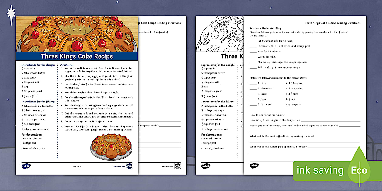Three Kings Cake Recipe: Reading Directions Worksheet