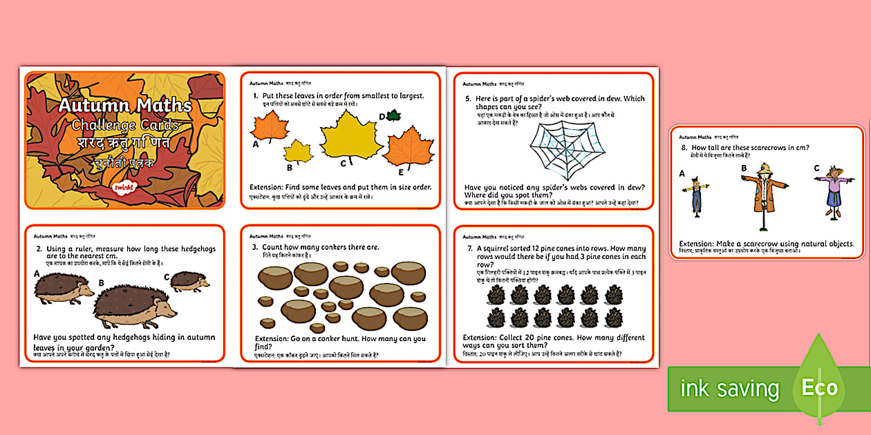 KS1 Autumn Maths Challenge Cards English/Hindi - Twinkl