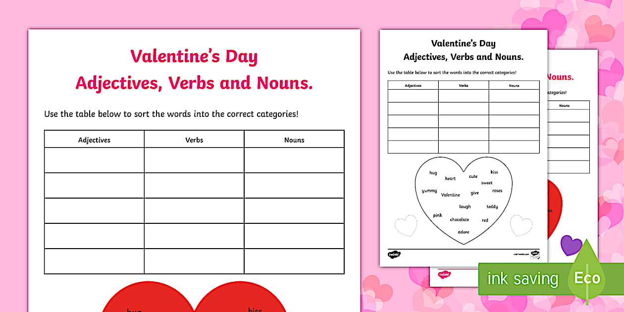Valentine’s Day Adjectives, Verbs and Nouns Sheet - Twinkl