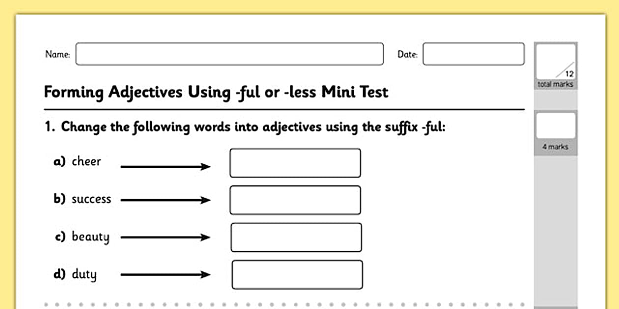 Editable Forming Adjectives -ful -less Mini Test - Twinkl