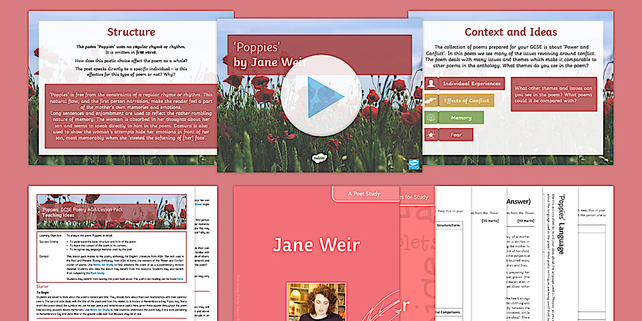 Editable GCSE Poetry Lesson to Support Teaching on 'Poppies' by Jane Weir